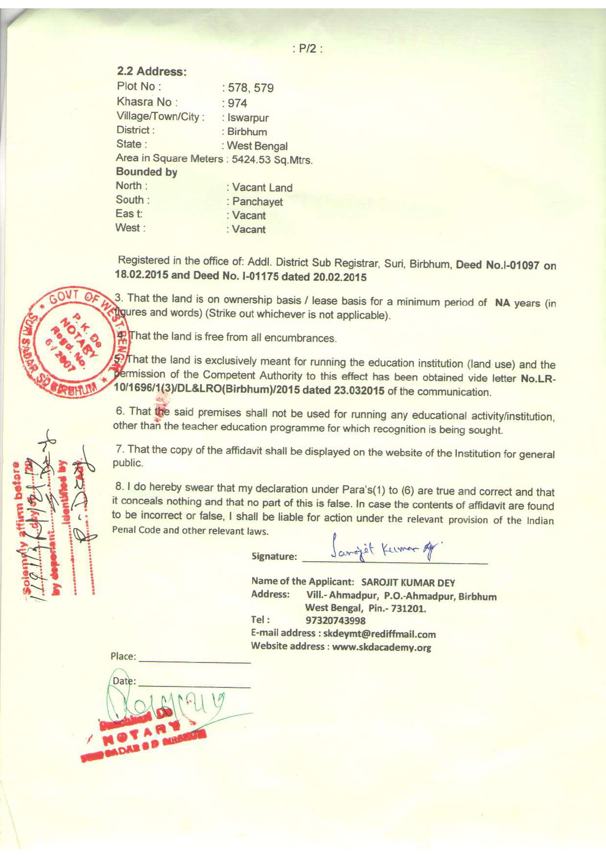 LAND Affidavit – SATYA KINKAR DEY ACADEMY